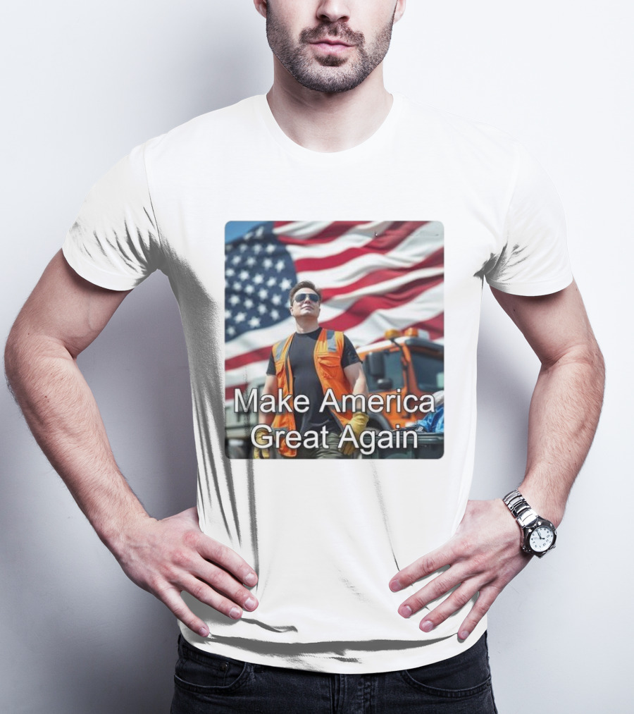 Make America Great Again Elon Musk In Orange Vest With American Flag Background T-Shirt