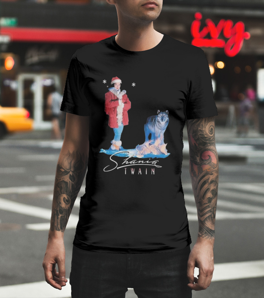 Shania Twain Holiday Santa Wolf Winter Scene T-Shirt
