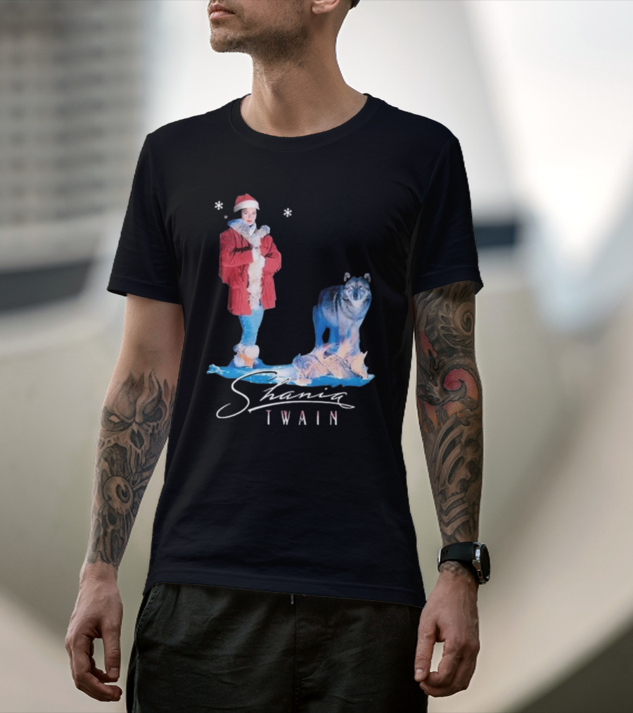 Shania Twain Holiday Santa Wolf Winter Scene T-Shirt