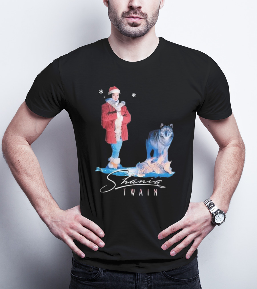 Shania Twain Holiday Santa Wolf Winter Scene T-Shirt