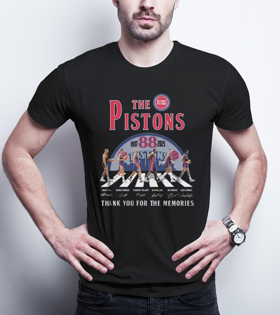 The Pistons 88 1937-2025 Thank You For The Memories Walking Signatures Grant Hill Dennis Rodman Chauncey Billups Ben Wallace Joe Dumars Isiah Thomas T-Shirt