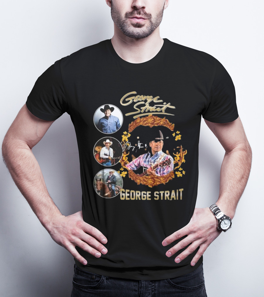 George Strait American Country Music Singer Signature Collage With Cowboy Hat And Guitar T-Shirt