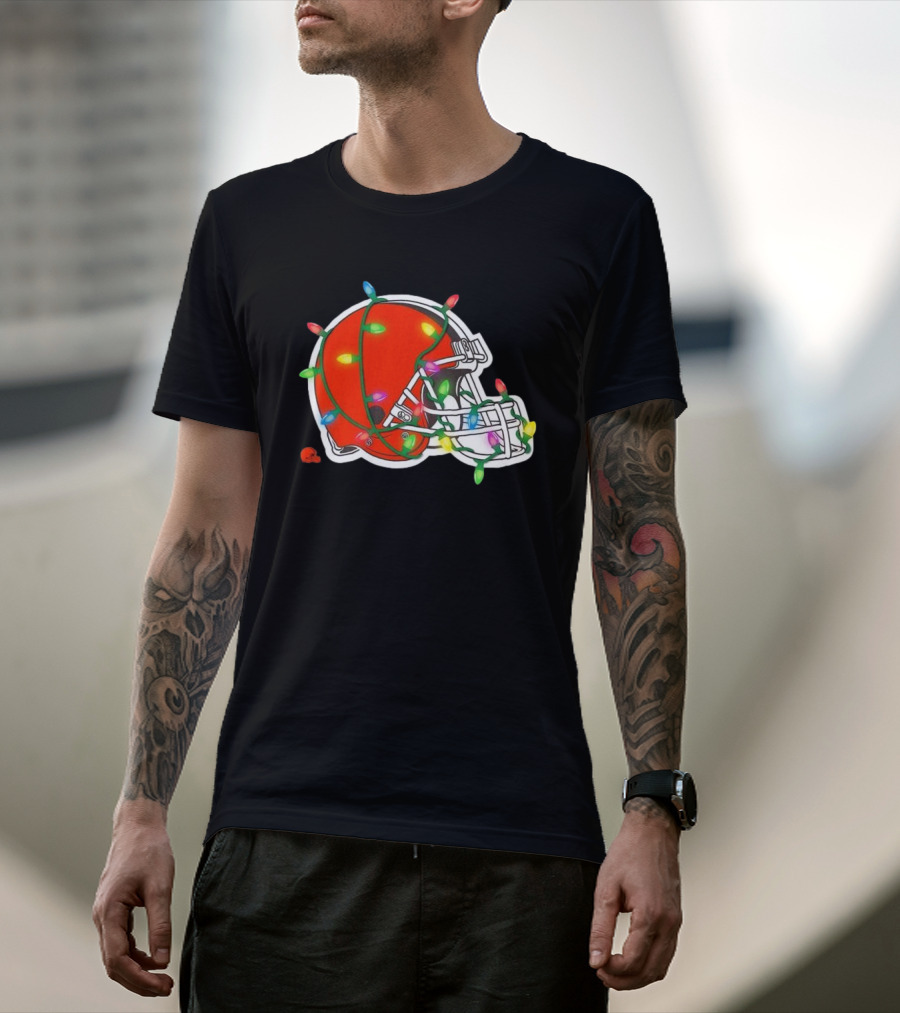 Cleveland Browns Helmet Wrapped In Holiday Lights T-Shirt