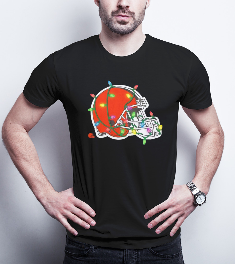 Cleveland Browns Helmet Wrapped In Holiday Lights T-Shirt