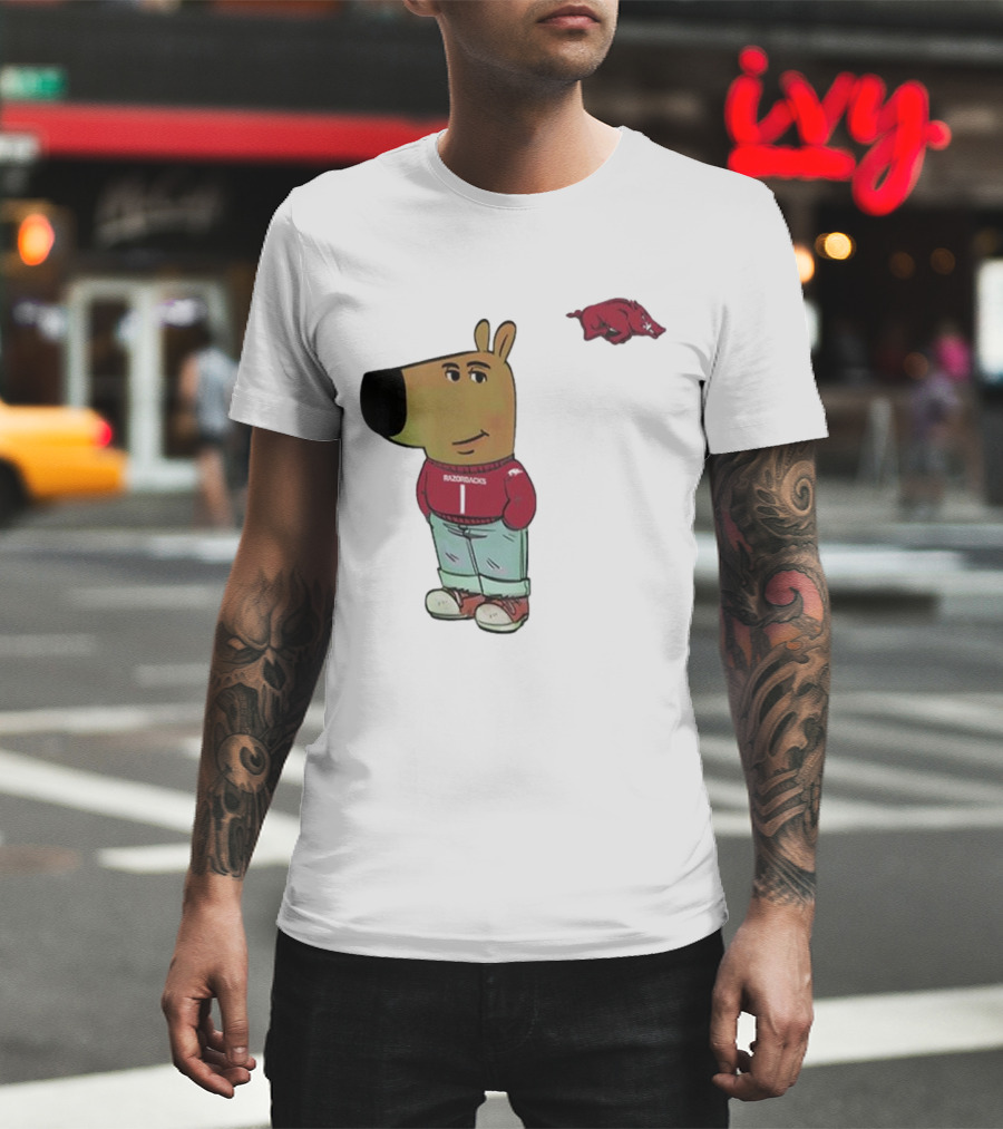 Arkansas Razorbacks Chill Guy Mascot With Cartoon Character In Red Sweater And Jeans T-Shirt