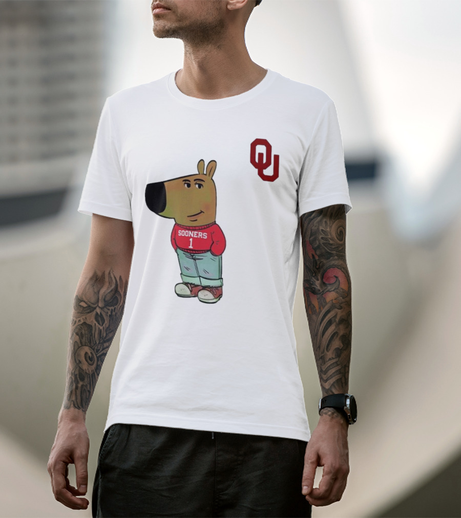 Oklahoma Sooners Chill Guy Cartoon Mascot Standing With OU Logo T-Shirt