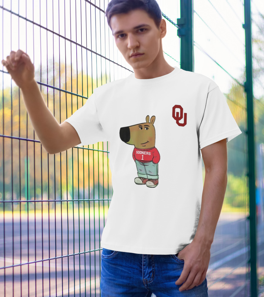 Oklahoma Sooners Chill Guy Cartoon Mascot Standing With OU Logo T-Shirt