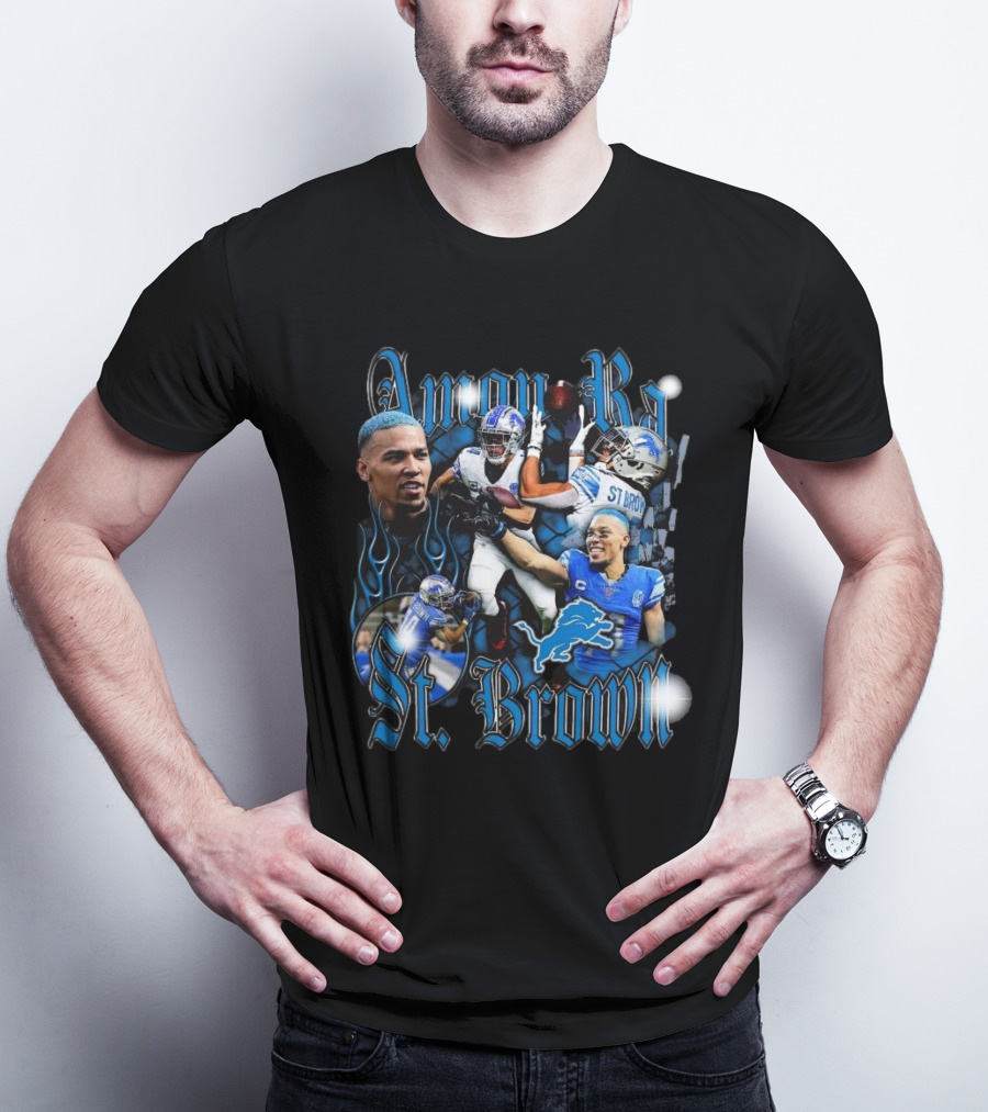 Amon-Ra St. Brown Detroit Lions Player NFL Football Legend Blue Flames T-Shirt