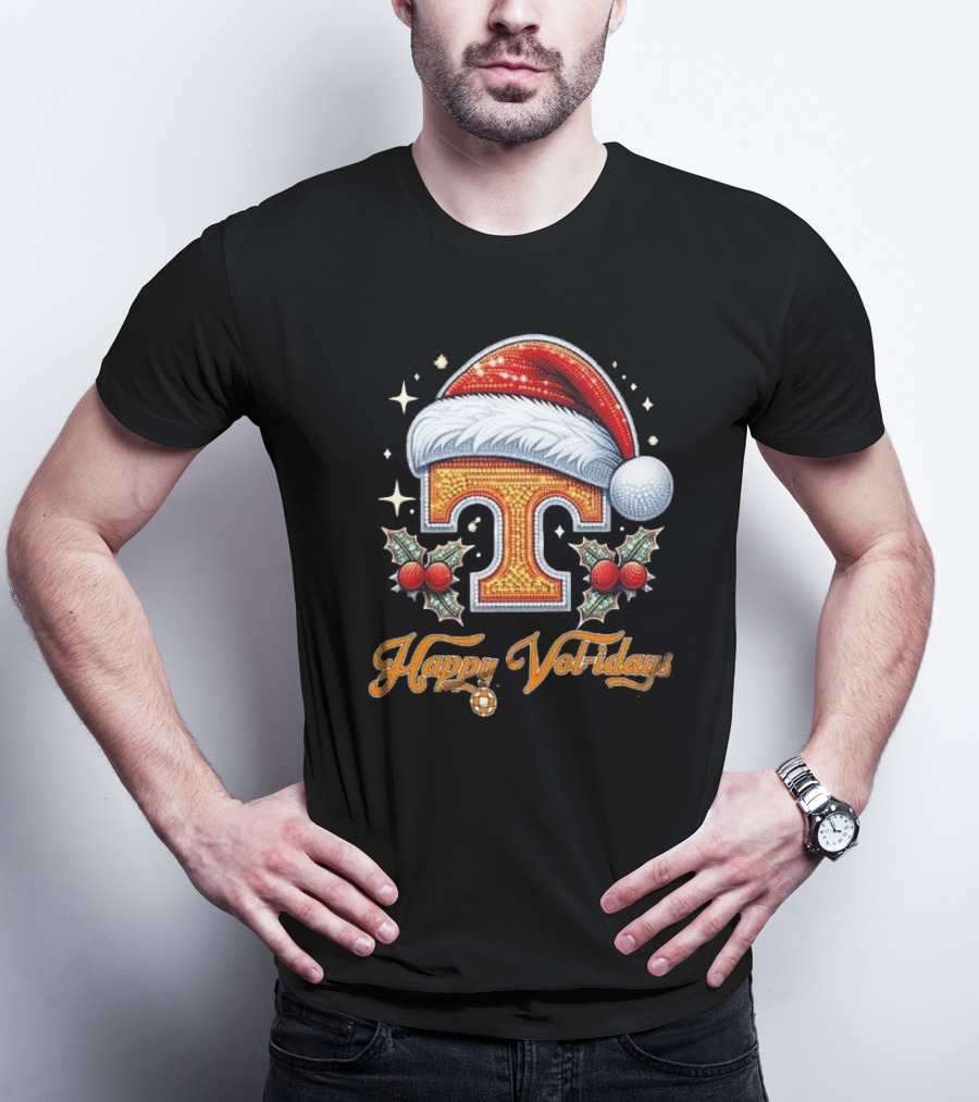 Happy Vol-idays Santa Hat T With Holly And Stars T-Shirt