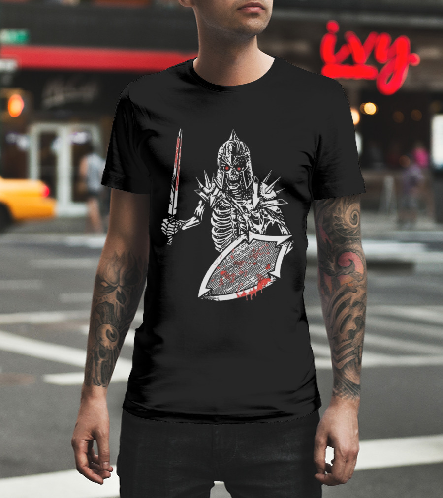 Gatecreeper Bloody Skeleton Warrior With Blood-Soaked Sword And Shield T-Shirt