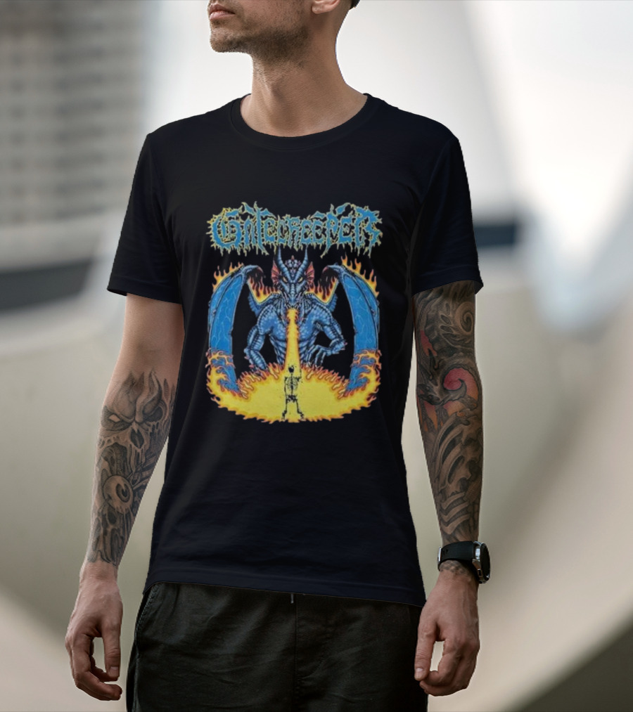 Gatecreeper Blue Dragon Breathing Fire With Fiery Surroundings T-Shirt