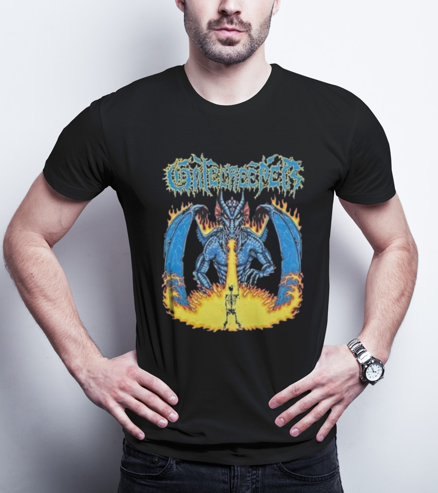 Gatecreeper Blue Dragon Breathing Fire With Fiery Surroundings T-Shirt