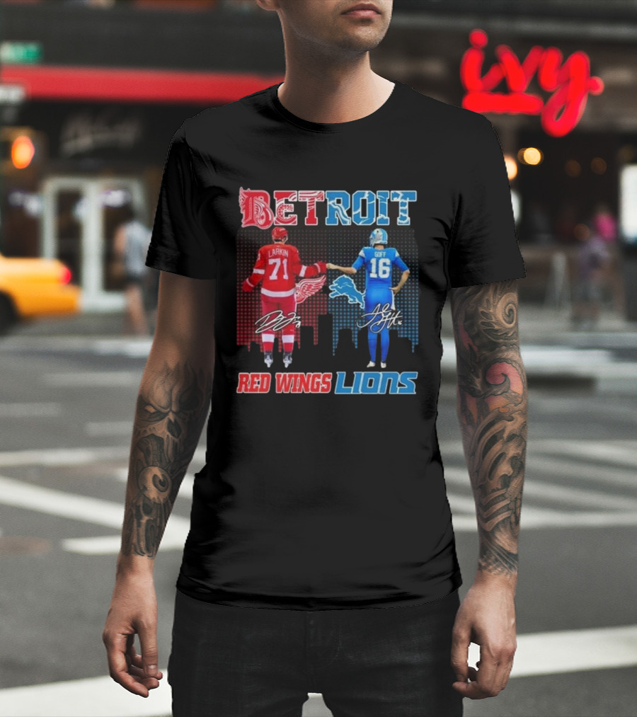 Larkin 71 Detroit Red Wings Goff 16 Detroit Lions Signature Collaboration T-Shirt