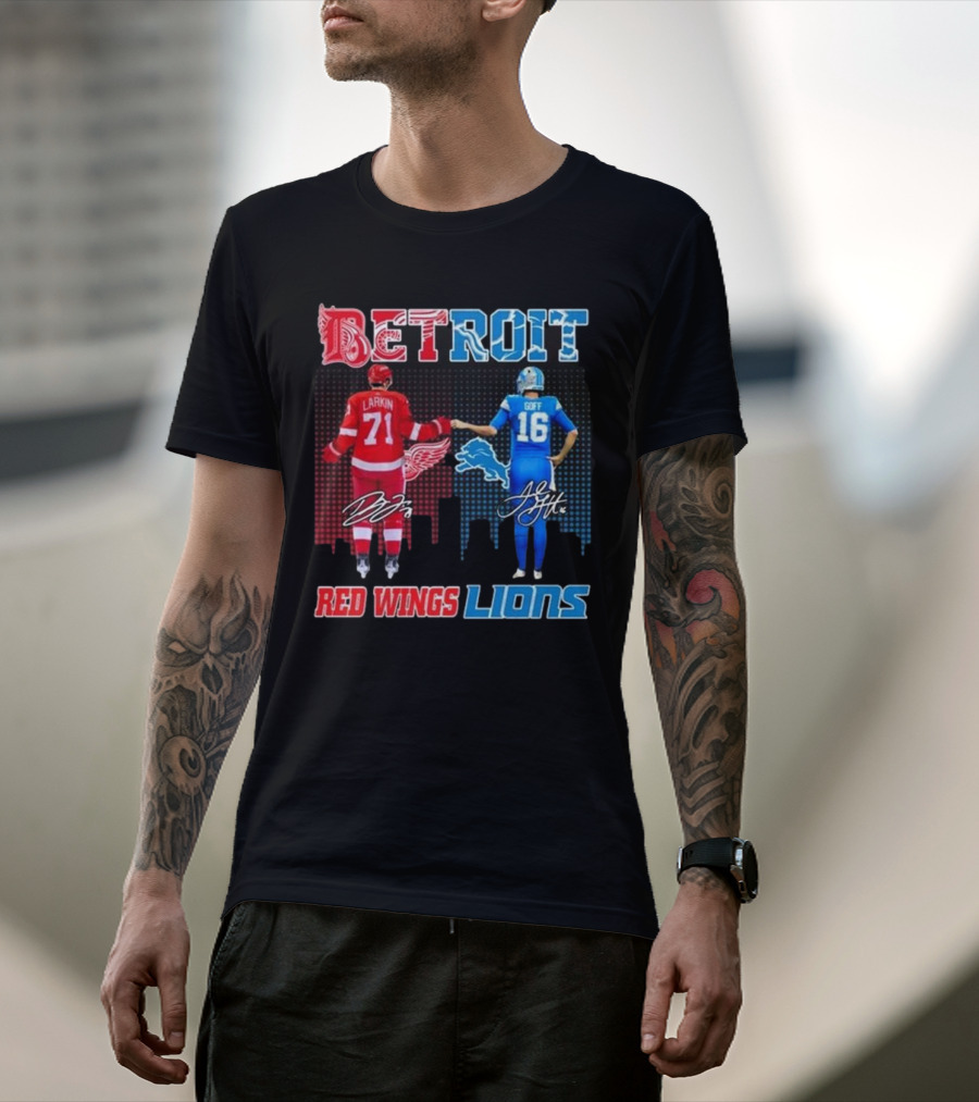 Larkin 71 Detroit Red Wings Goff 16 Detroit Lions Signature Collaboration T-Shirt