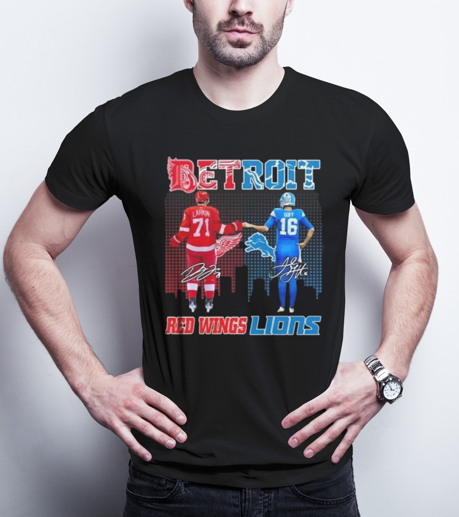 Larkin 71 Detroit Red Wings Goff 16 Detroit Lions Signature Collaboration T-Shirt