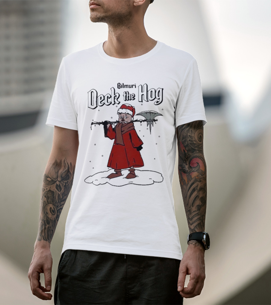 Bilmuri Deck The Hog Santa Pig Holding Weapon Snow Scene T-Shirt