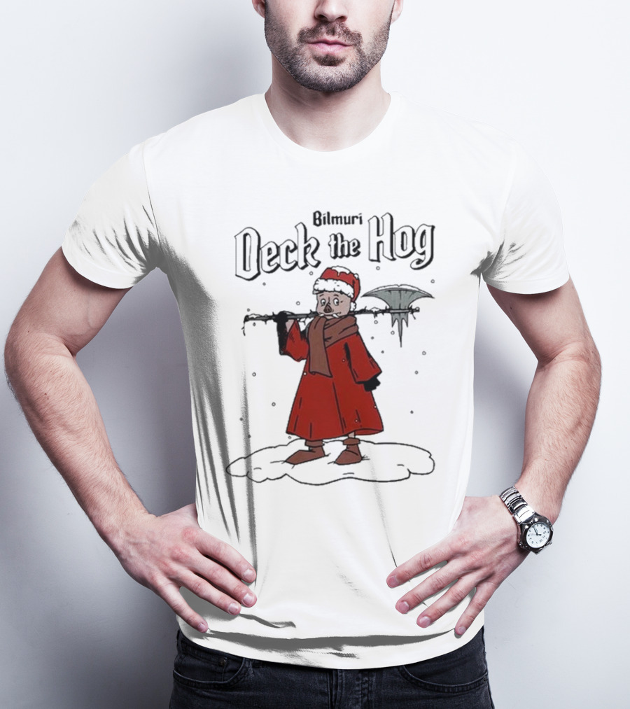 Bilmuri Deck The Hog Santa Pig Holding Weapon Snow Scene T-Shirt