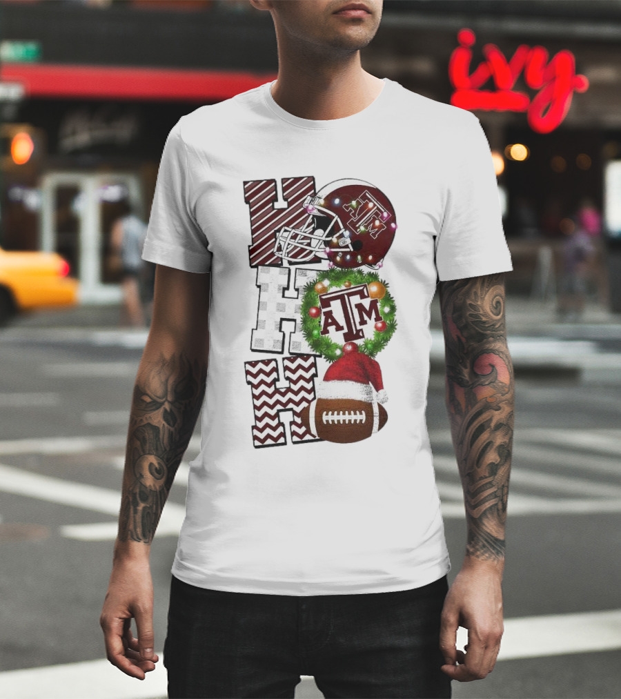 Texas A M Aggies Football Christmas Ho Ho Ho ATM Helmet Wreath Football T-Shirt