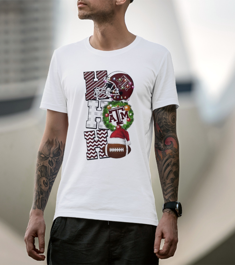 Texas A M Aggies Football Christmas Ho Ho Ho ATM Helmet Wreath Football T-Shirt