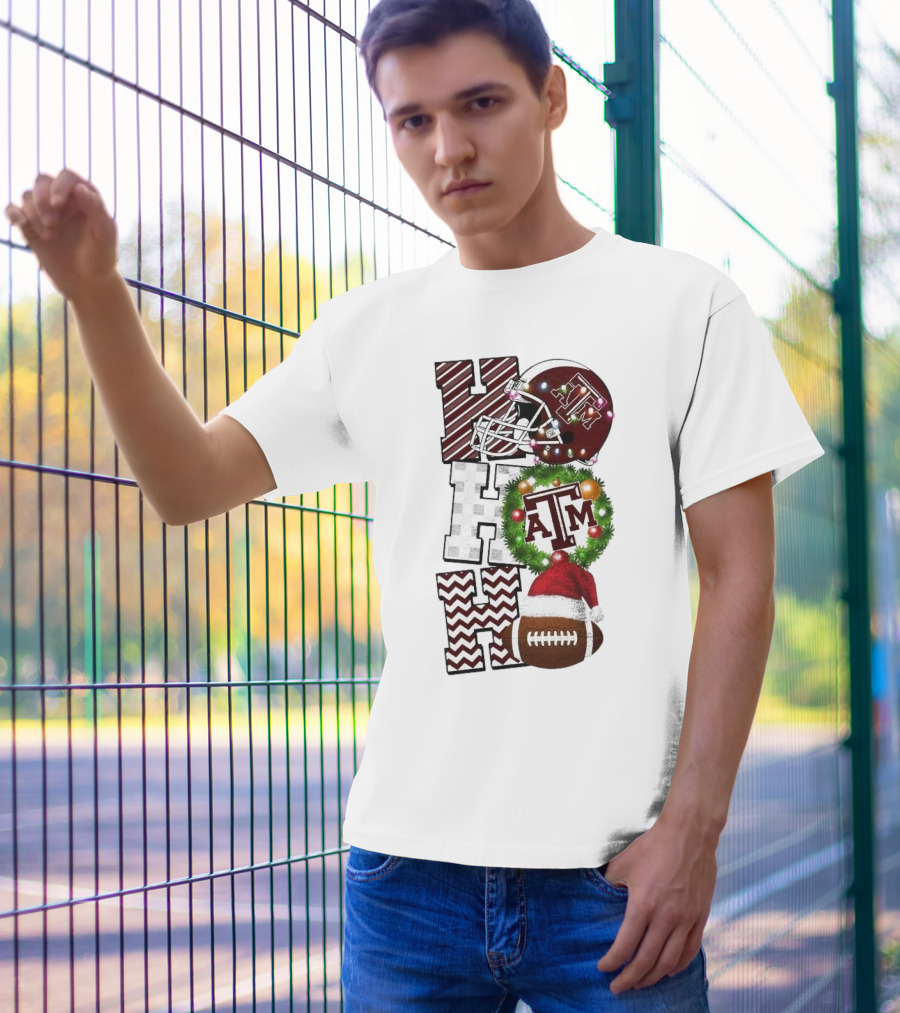 Texas A M Aggies Football Christmas Ho Ho Ho ATM Helmet Wreath Football T-Shirt