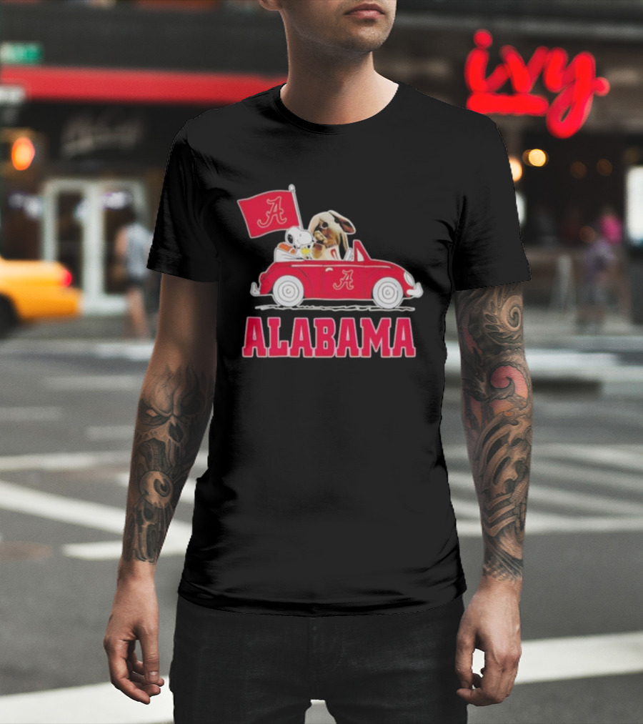 Snoopy And Big Al Driving Red Car With Alabama Flag Crimson Tide T-Shirt