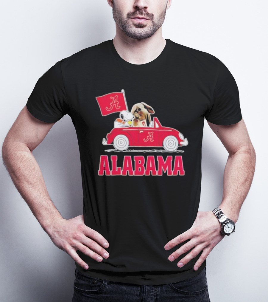 Snoopy And Big Al Driving Red Car With Alabama Flag Crimson Tide T-Shirt