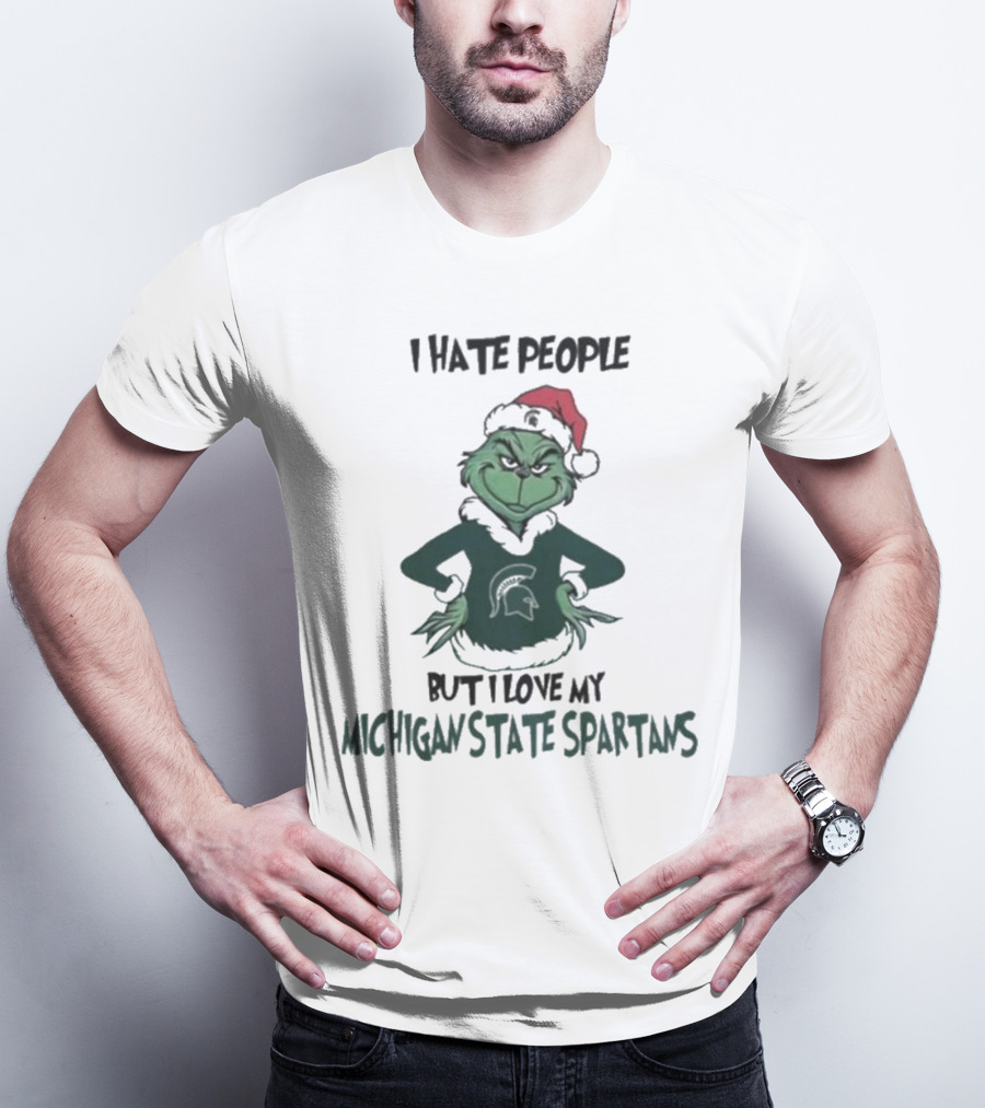 I Hate People But I Love My Michigan State Spartans Grinch Christmas Santa Hat T-Shirt