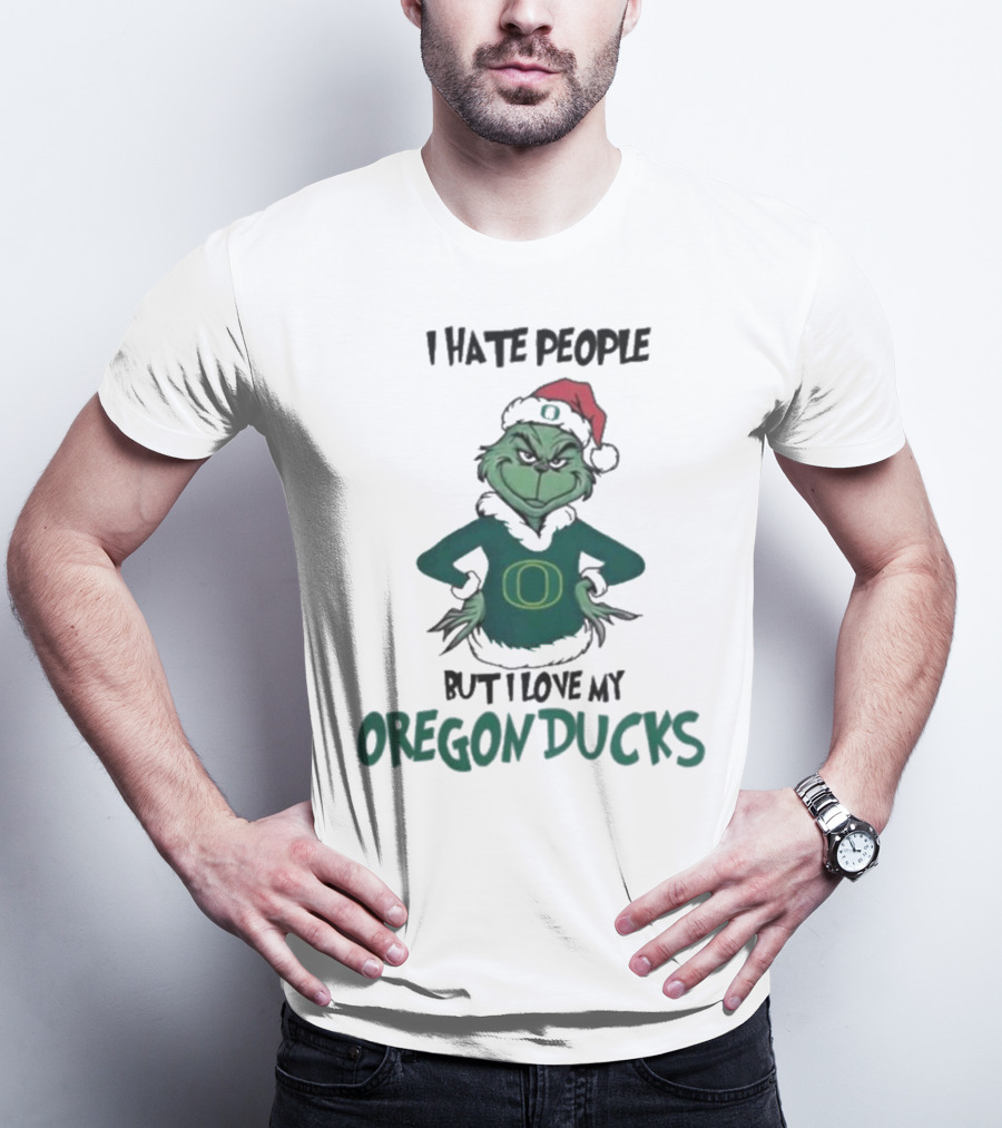 I Hate People But I Love My Oregon Ducks Grinch In Santa Hat Merry Christmas T-Shirt