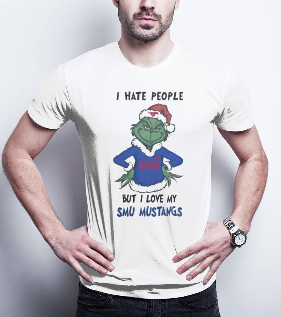 I Hate People But I Love My SMU Mustangs Grinch Santa Hat Christmas T-Shirt