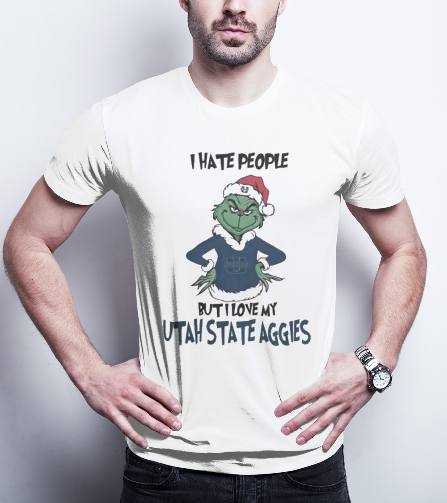 I Hate People But I Love My Utah State Aggies Grinch Christmas T-Shirt