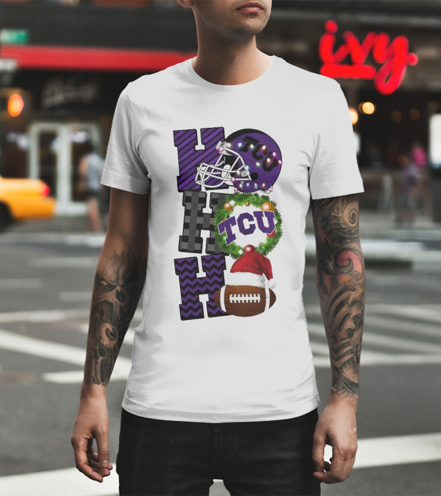 TCU Horned Frogs Football Christmas Ho Ho Ho Helmet And Wreath Game Day T-Shirt