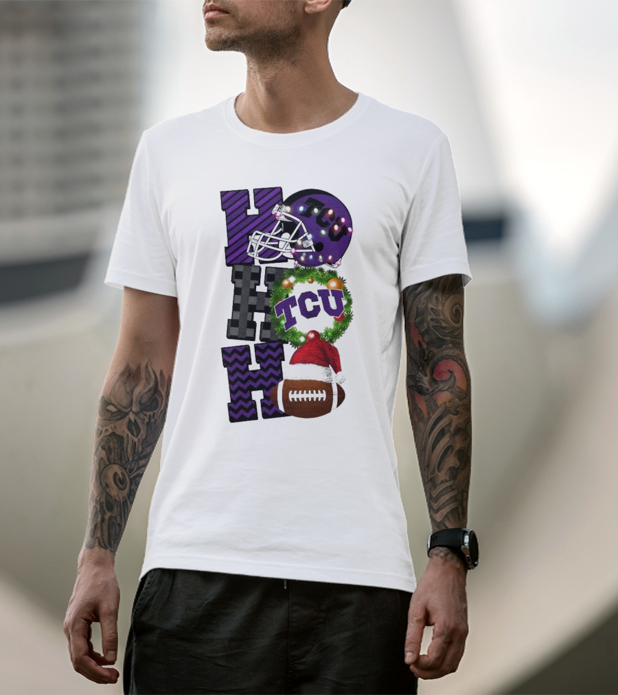 TCU Horned Frogs Football Christmas Ho Ho Ho Helmet And Wreath Game Day T-Shirt