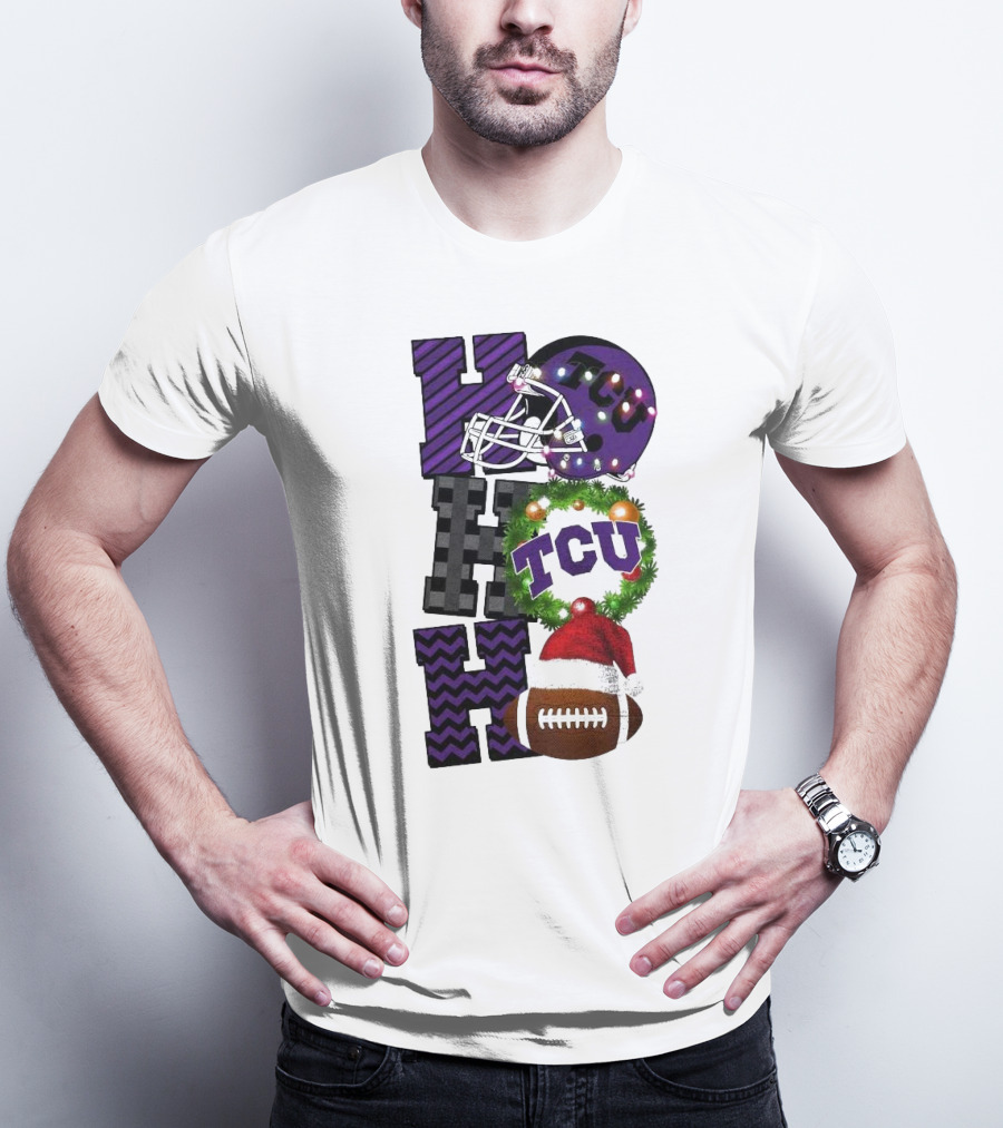 TCU Horned Frogs Football Christmas Ho Ho Ho Helmet And Wreath Game Day T-Shirt