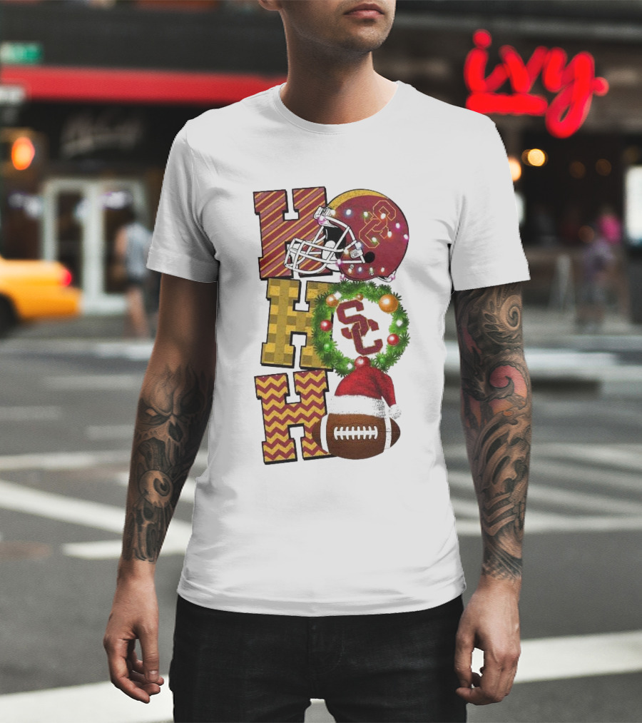 USC Trojans Football Christmas Ho Ho Ho SC Festive Helmet Wreath Game Day T-Shirt