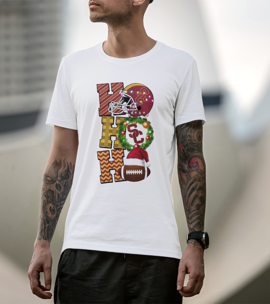 USC Trojans Football Christmas Ho Ho Ho SC Festive Helmet Wreath Game Day T-Shirt