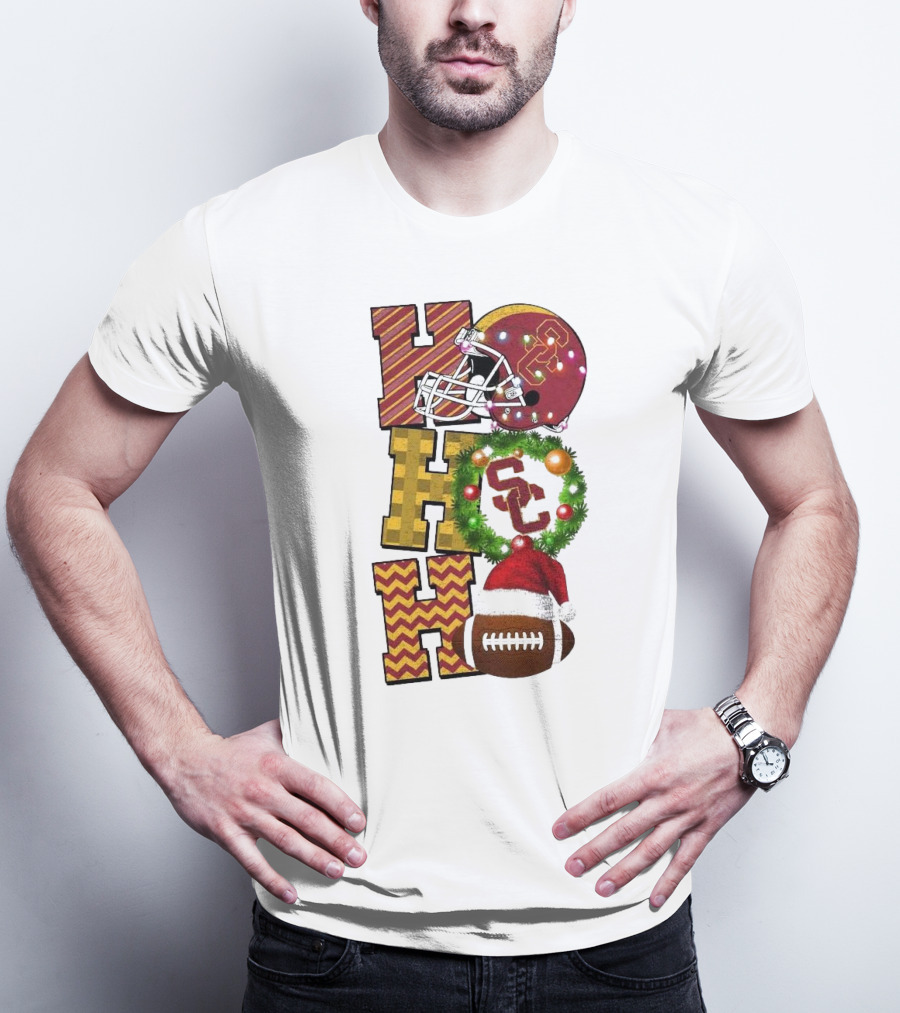 USC Trojans Football Christmas Ho Ho Ho SC Festive Helmet Wreath Game Day T-Shirt