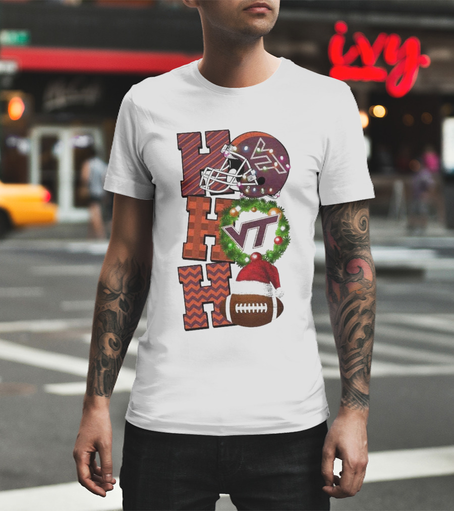 Virginia Tech Hokies Football Christmas Ho Ho Ho VT Helmet Wreath Game Day T-Shirt
