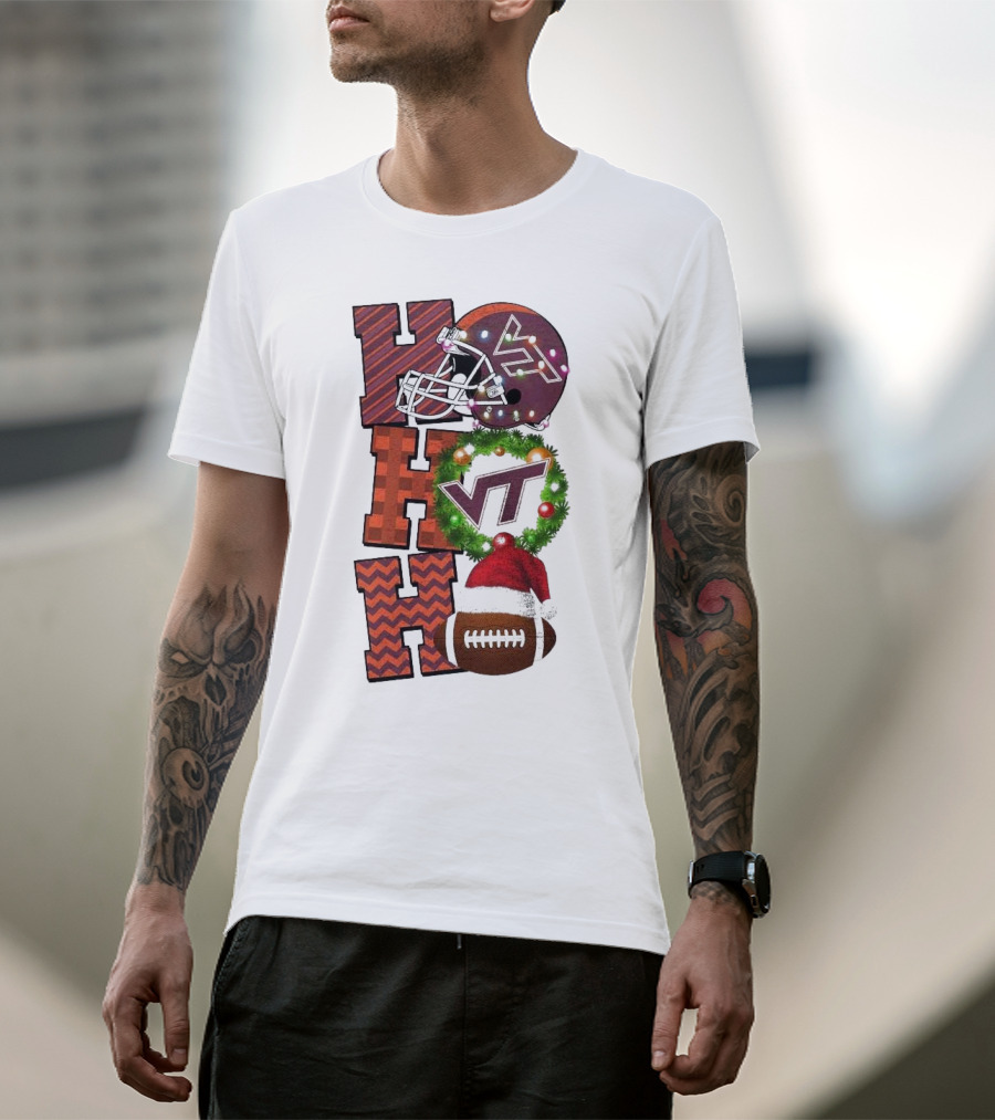 Virginia Tech Hokies Football Christmas Ho Ho Ho VT Helmet Wreath Game Day T-Shirt