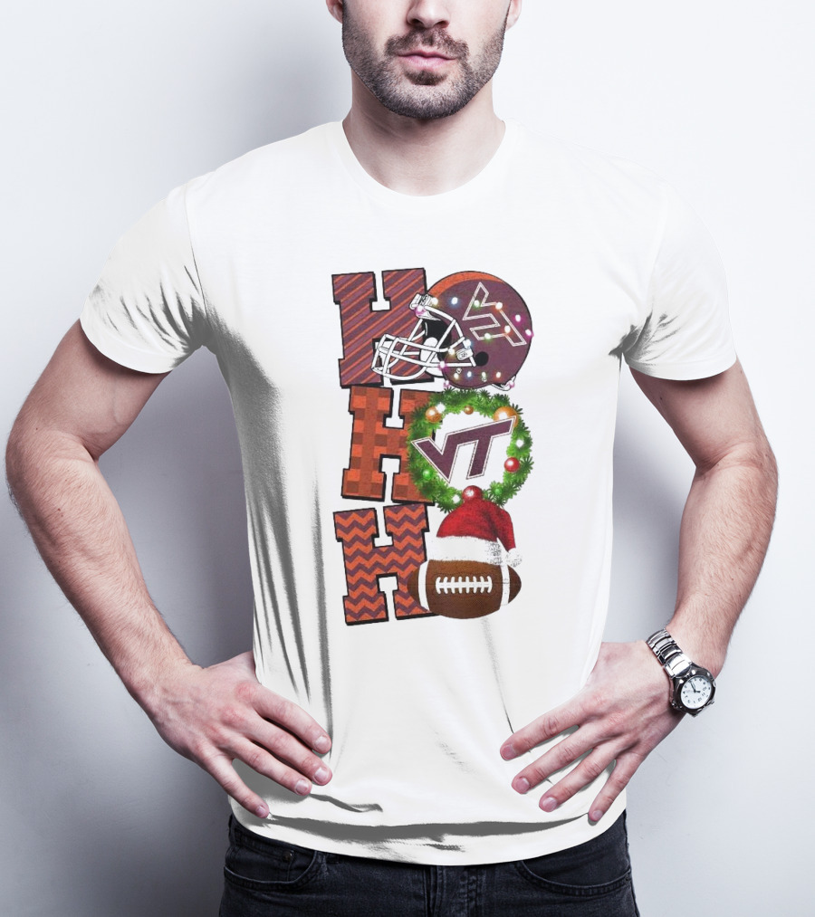 Virginia Tech Hokies Football Christmas Ho Ho Ho VT Helmet Wreath Game Day T-Shirt