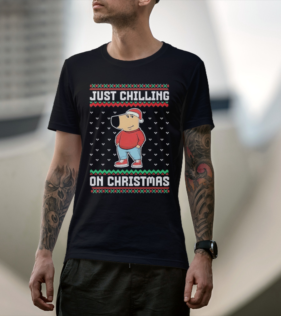 Chill Guy Meme Just Chilling On Christmas Sweater Style Santa Hat Red Green T-Shirt