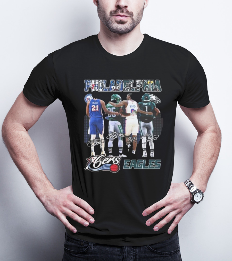 Philadelphia 76ers Joel Embiid And Philadelphia Eagles Sanders Hurts Collaborative Signature T-Shirt