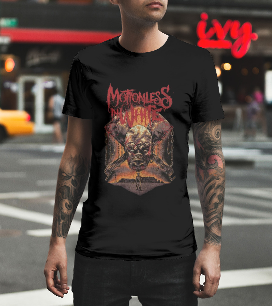 Motionless In White Slaughterhouse Horror Mask Chains Crossed Axes T-Shirt