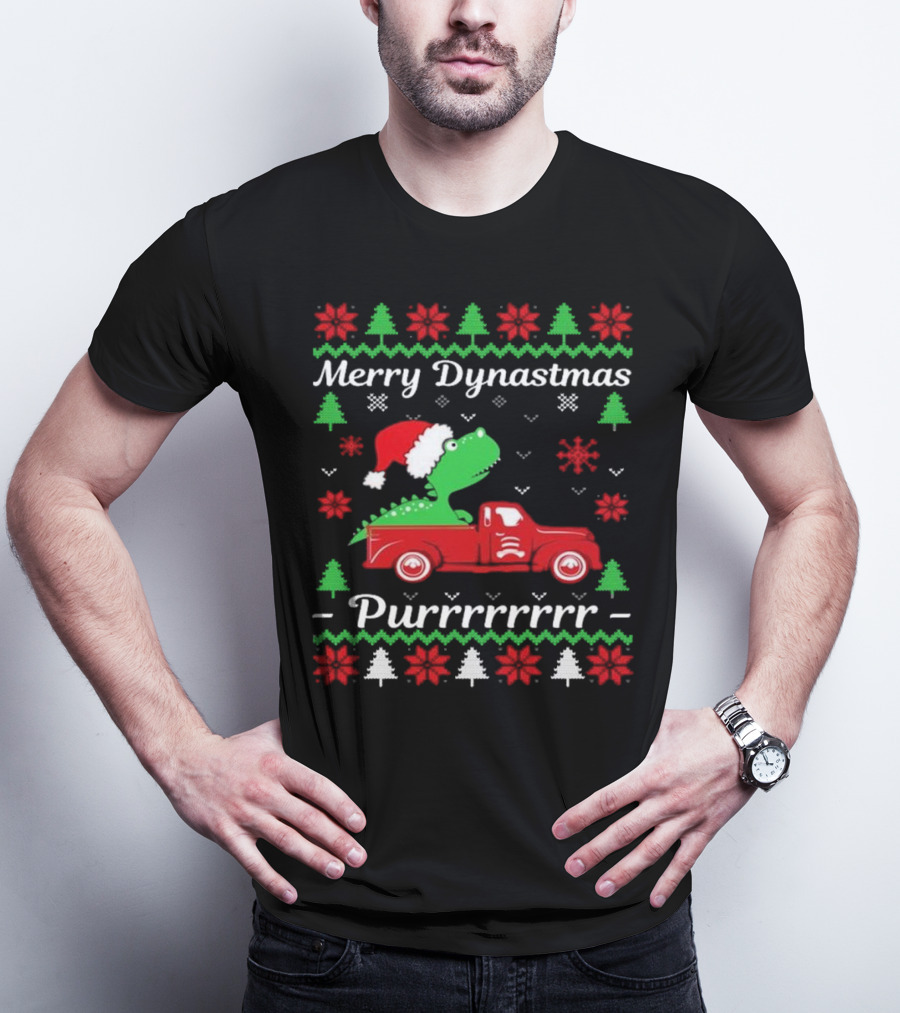 Merry Dynastmas Dinosaur Santa Hat Red Truck Ugly Christmas Purrrrrrrr T-Shirt