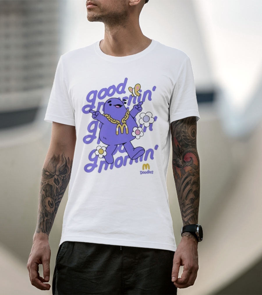 Good Mornin’ Grimace Doodles McDonald’s Butterfly Flowers T-Shirt