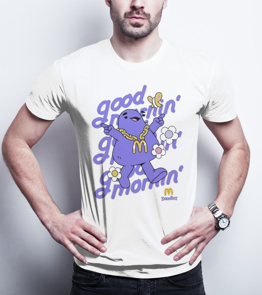 Good Mornin’ Grimace Doodles McDonald’s Butterfly Flowers T-Shirt