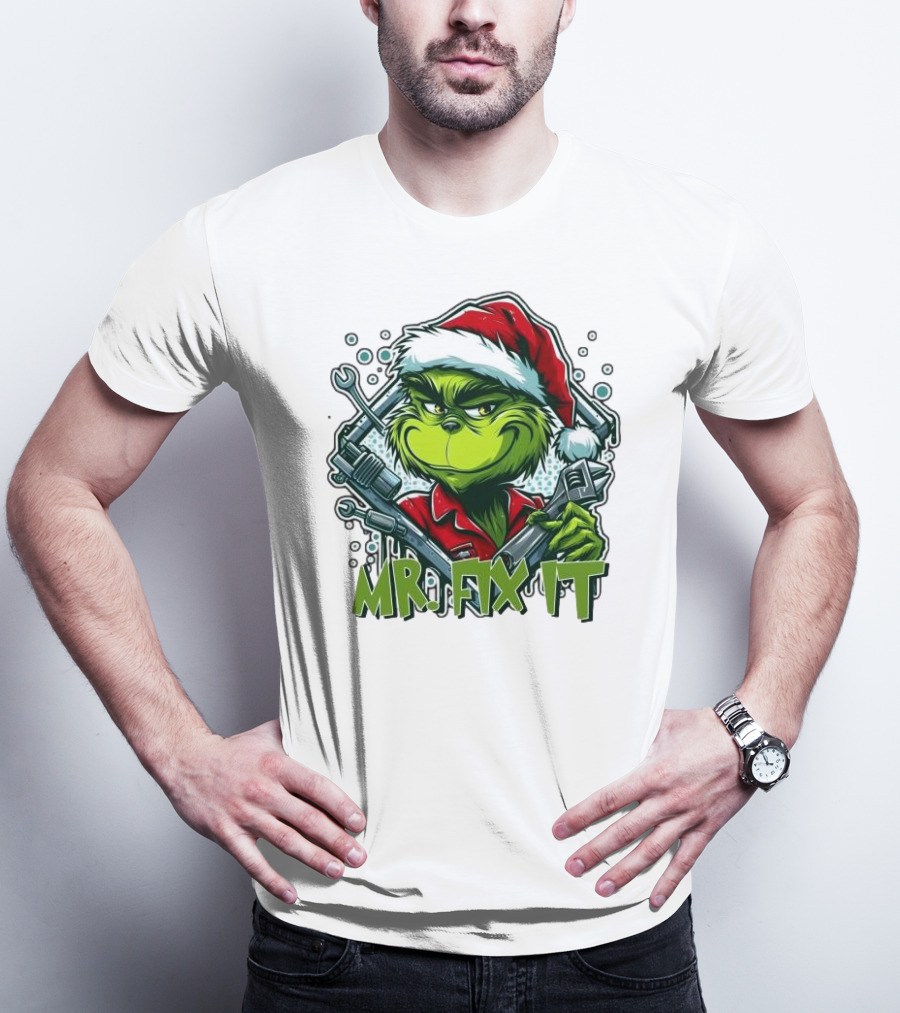 Mr. Fix It Grinch Merry Christmas Santa Hat Wrench Holiday T-Shirt