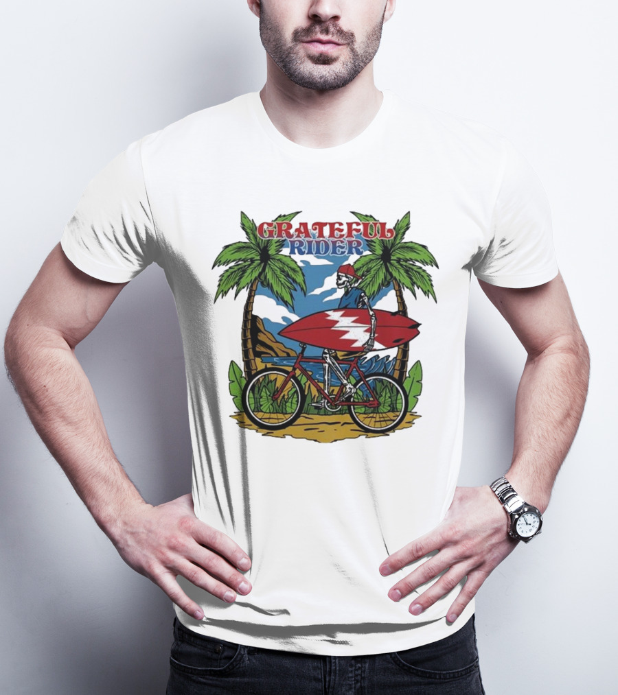 Grateful Rider Skeleton Beach Cruiser With Surfboard And Palm Trees T-Shirt