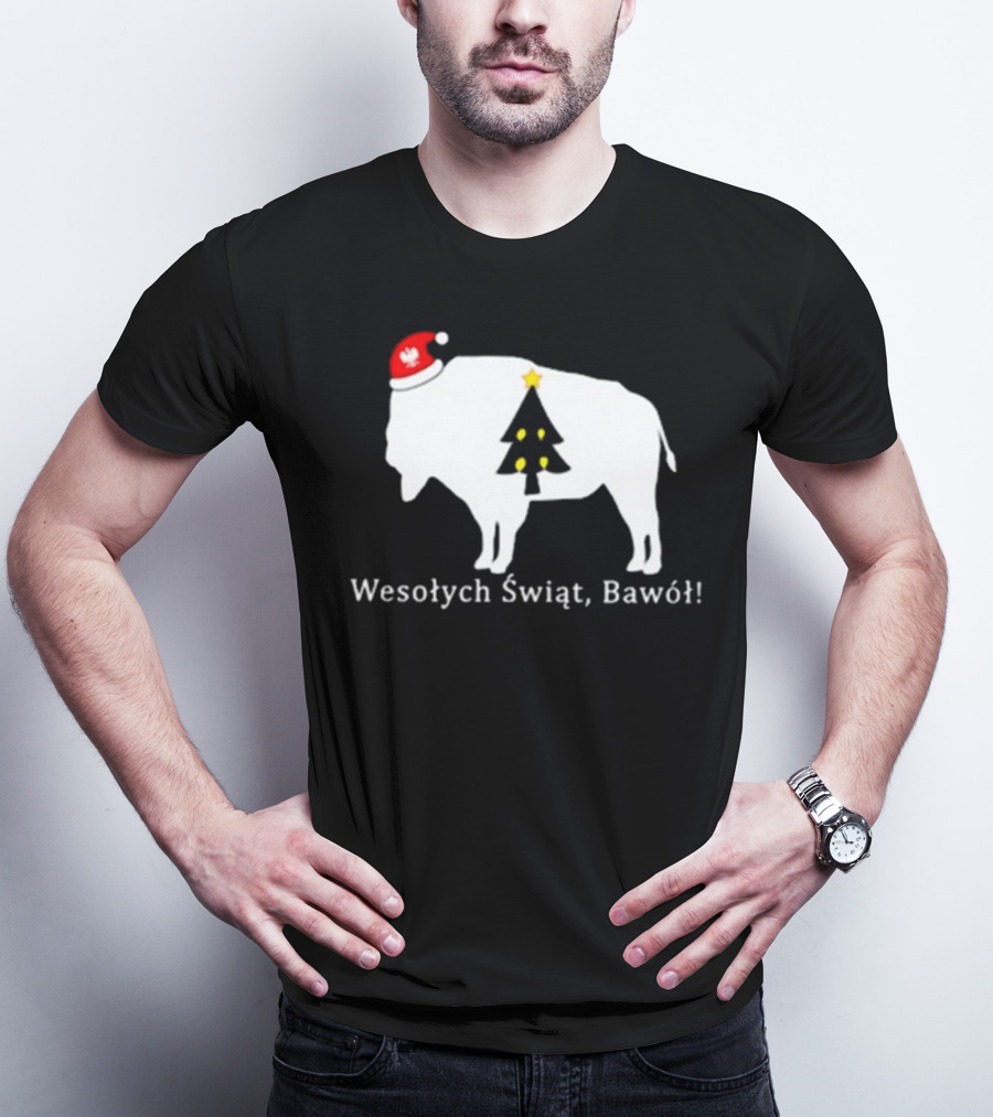 Merry Christmas Buffalo Wesolych Swiat Bawol Santa Hat Christmas Tree T-Shirt