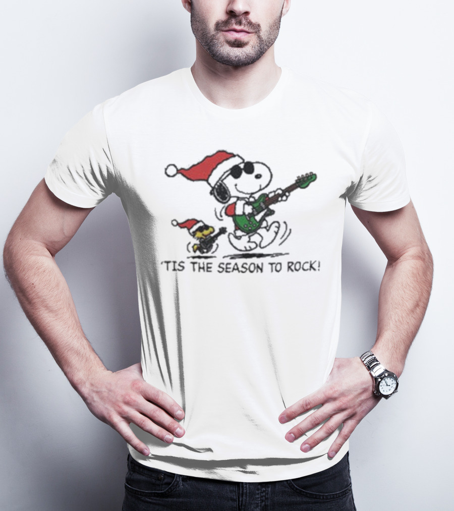 Peanuts Snoopy And Woodstock Christmas Tis The Season To Rock Santa Hat Guitar T-Shirt