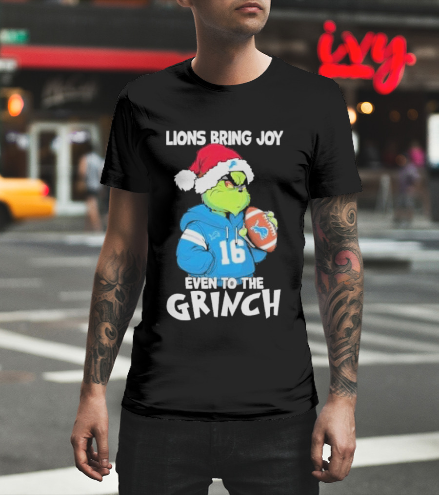 Detroit Lions Bring Joy Even To The Grinch Christmas Santa Football T-Shirt